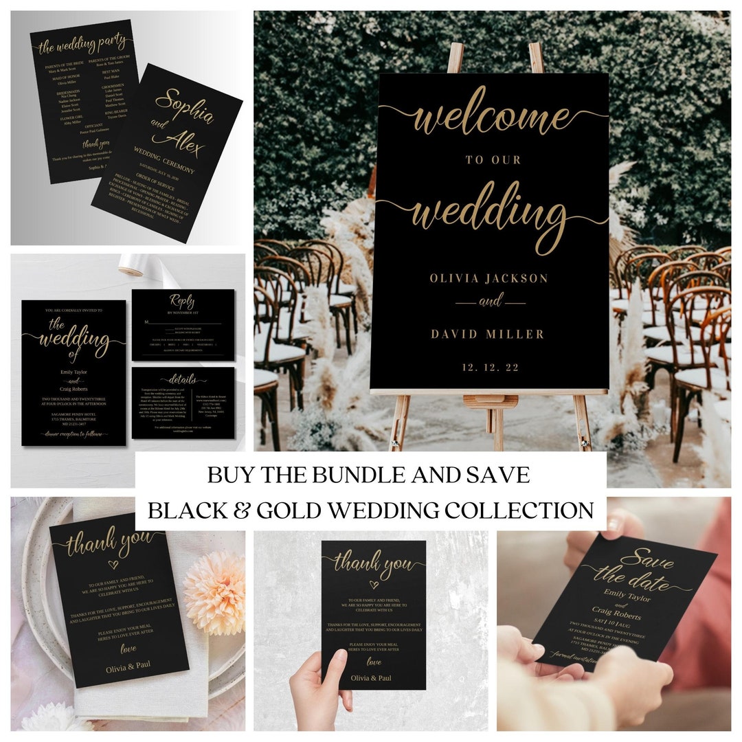 Wedding Invitation Bundle Templates Black Gold Editable Instant ...