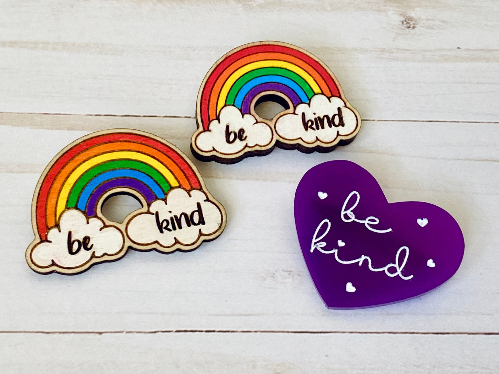 Be Kind Pins, Purple Heart Acrylic Brooch, Rainbow and Cloud Wooden Pin ...
