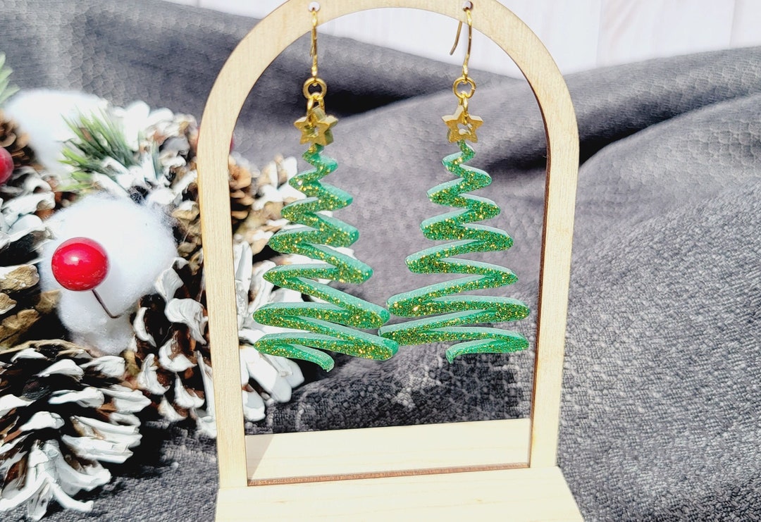 Glitter Christmas Tree Earring With Gold Star, Festive Earrings ...
