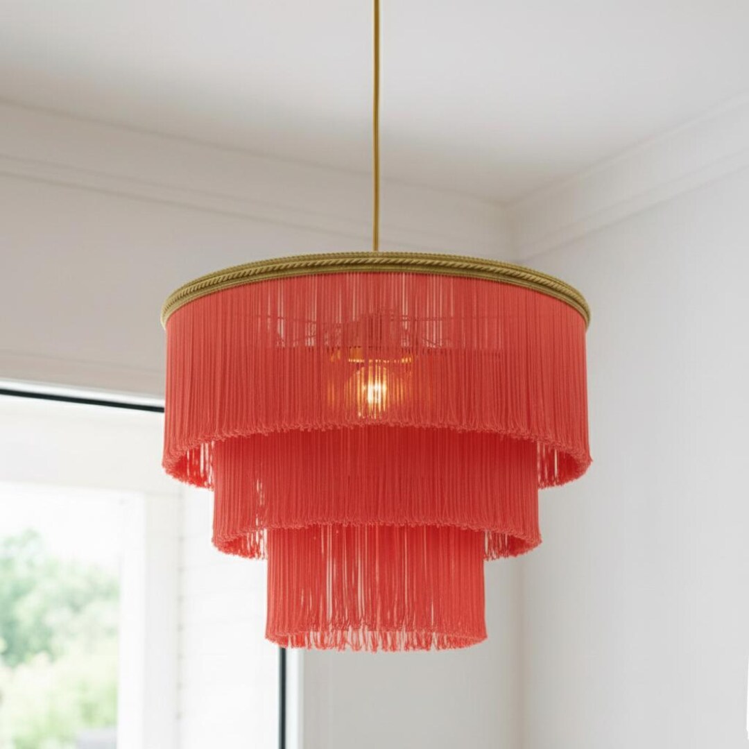 Handmade Fringe Pendant Lamp – Coral Red & Gold. - Etsy