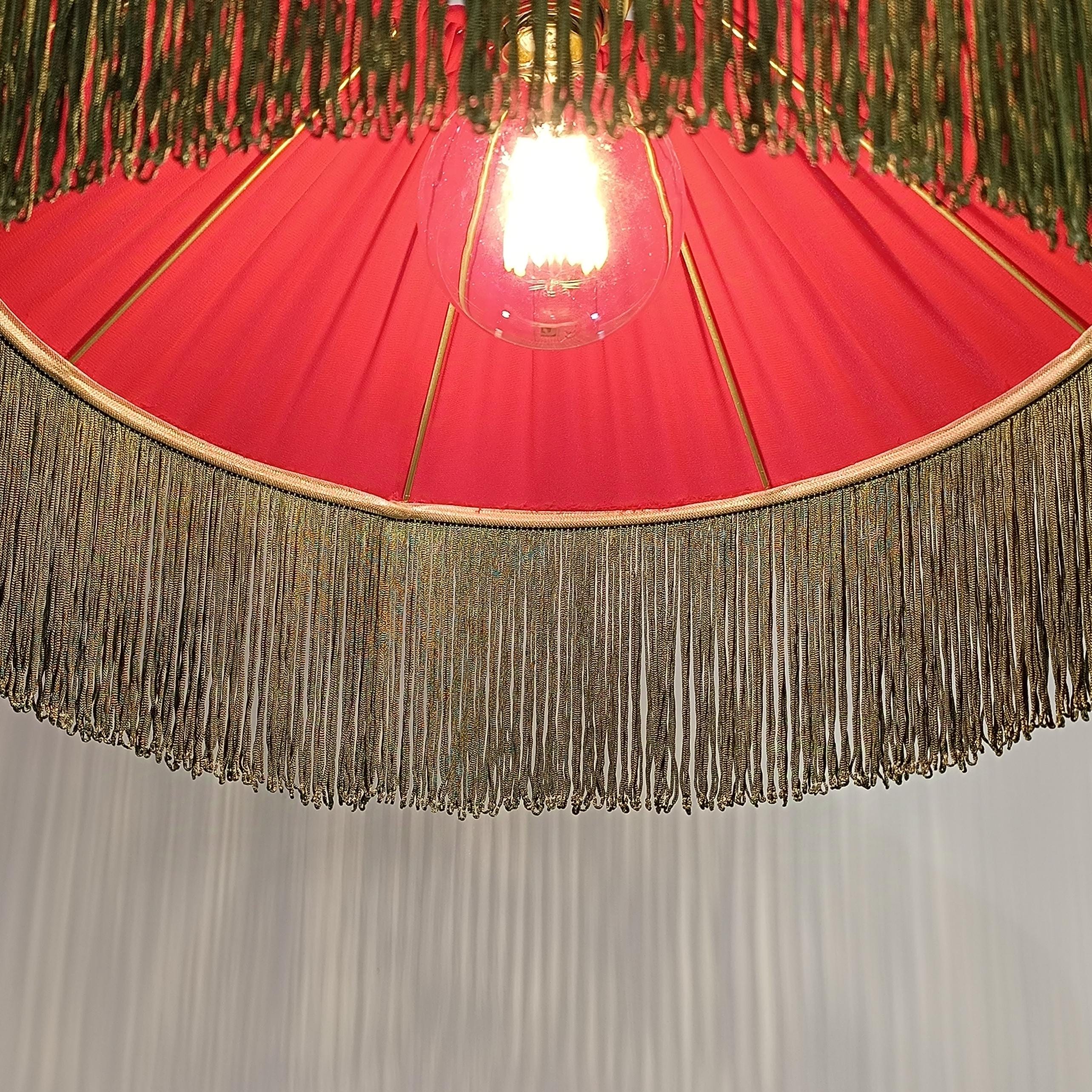 TIFFANY Vintage Red Pendant Light, With Green Fringes, Handmade Pendant ...