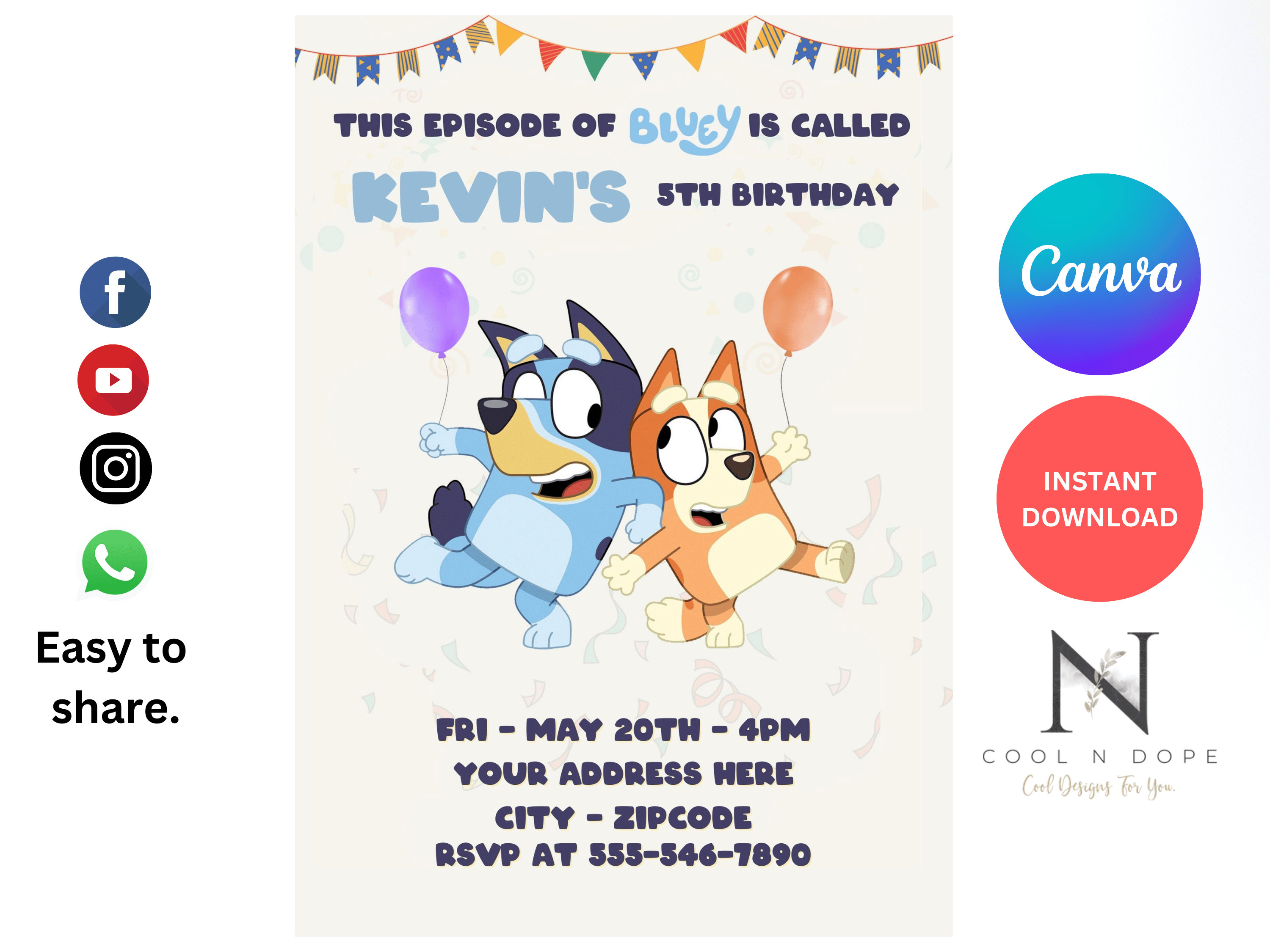 FREE CUSTOM EDIT Bluey Invitation. Girls birthday party instant ...