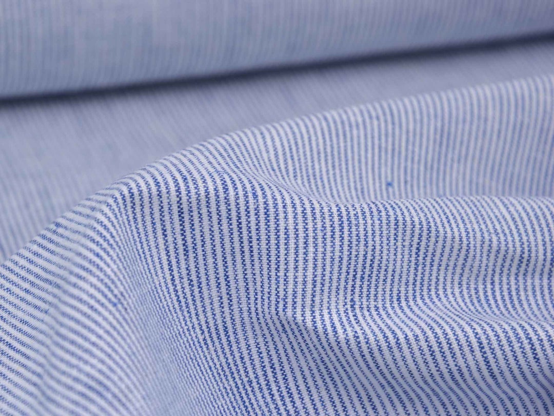 Linen Fabric With Cotton, Striped Blue and White Stripes - 140 Cm Wide ...
