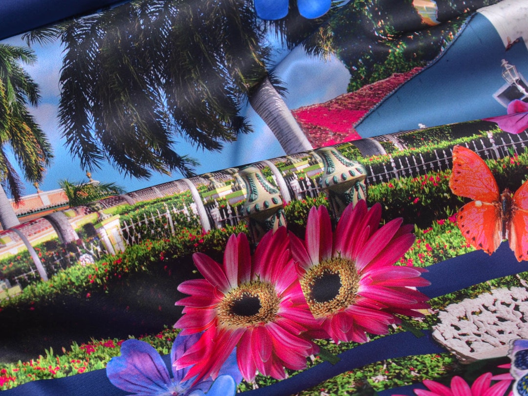 Designer Fabric Panel, Satin With Palm Trees, Flowers, Parrot, Summer ...