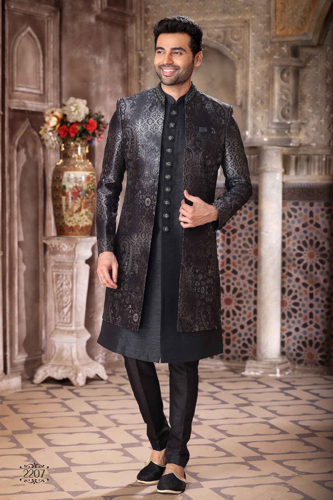 Indian Wedding Sherwani: Handcrafted Black Silk Sherwani With ...