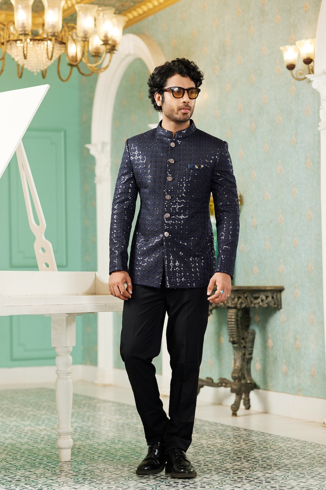 Royal Blue Classic Jodhpuri Sherwani Wedding Sequence Jodhpuri Suit ...