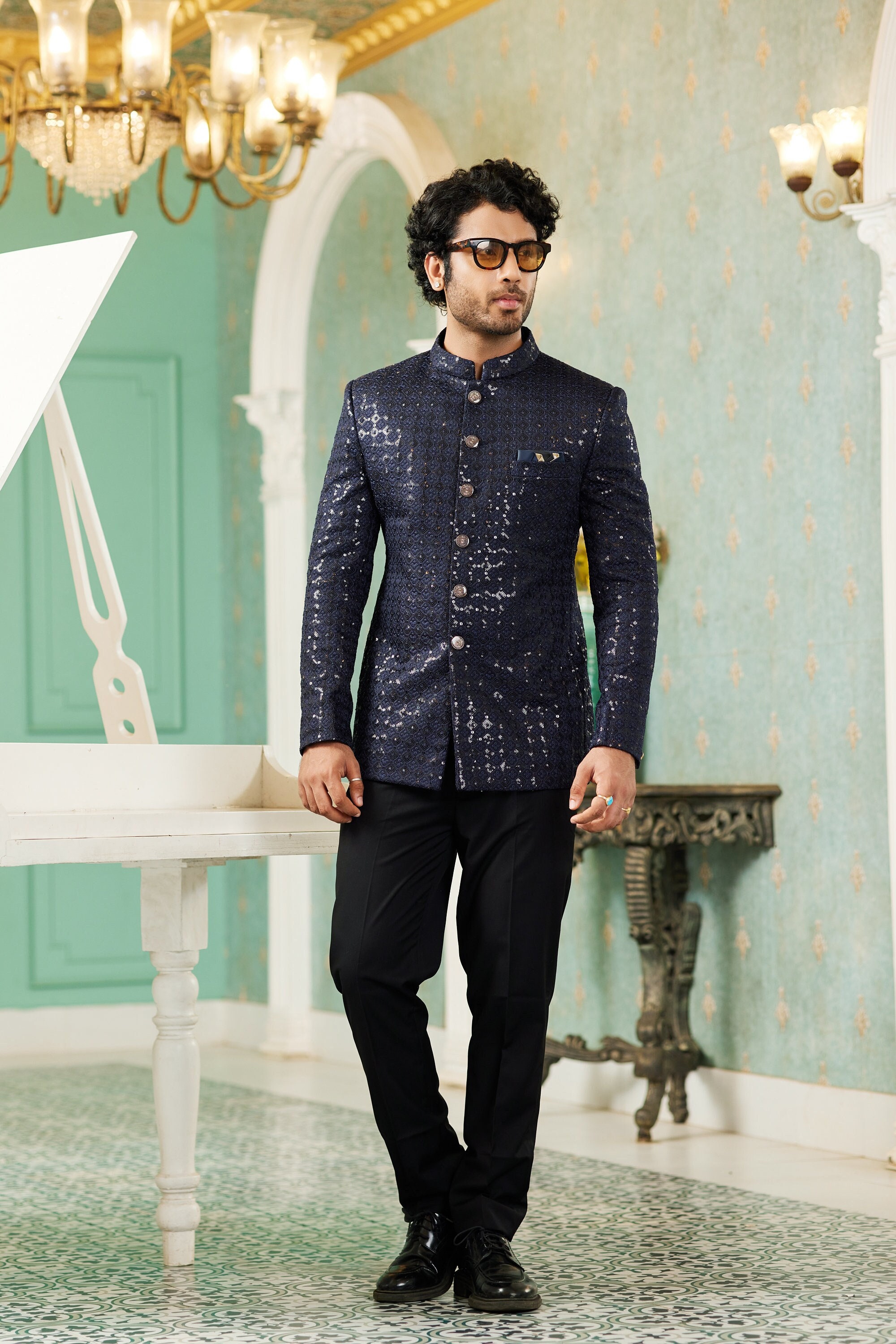 Royal Blue Classic Jodhpuri Sherwani Wedding Sequence Jodhpuri Suit ...