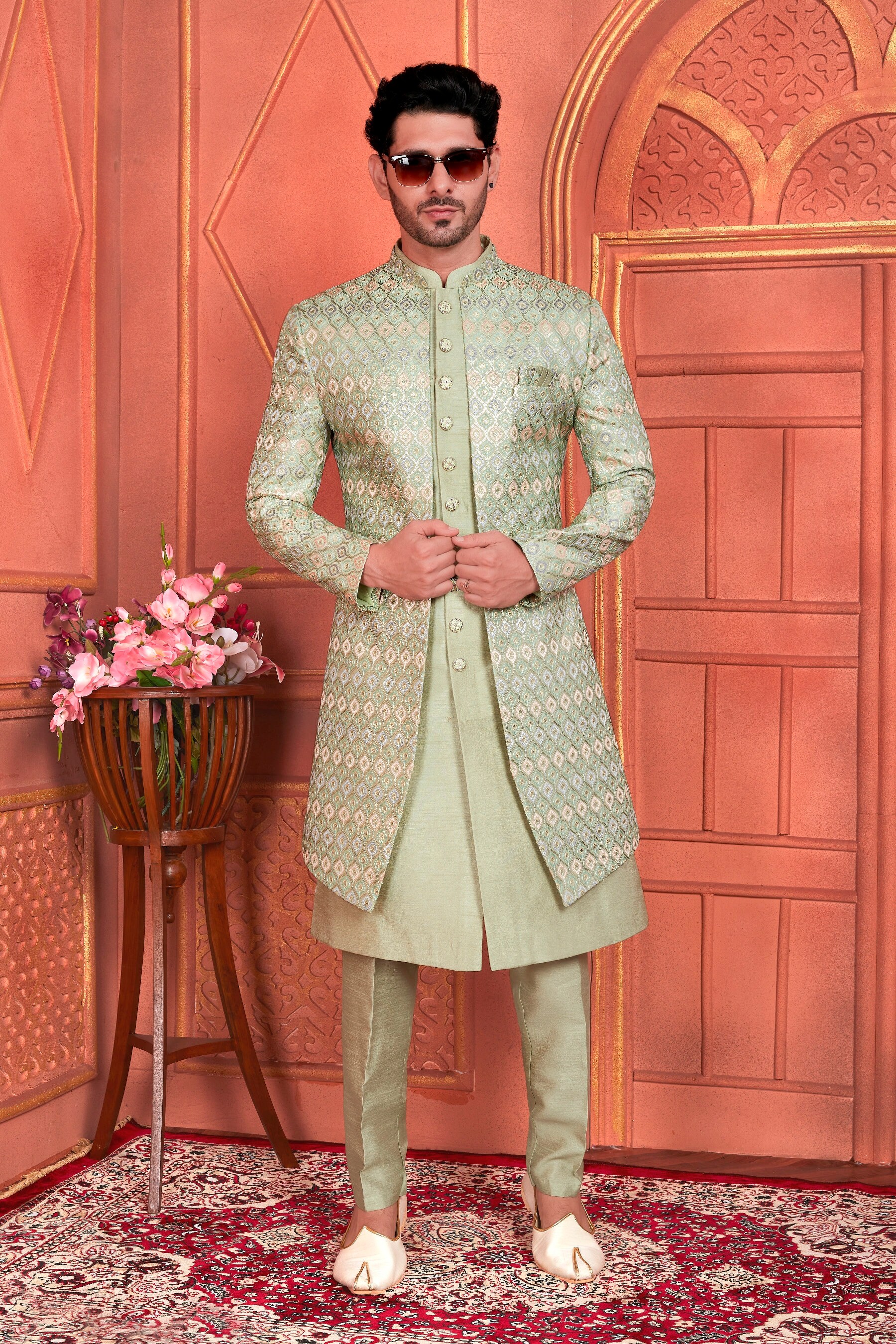 Pista Green Classic Silk Groom Sherwani Fancy Button Indowestern ...