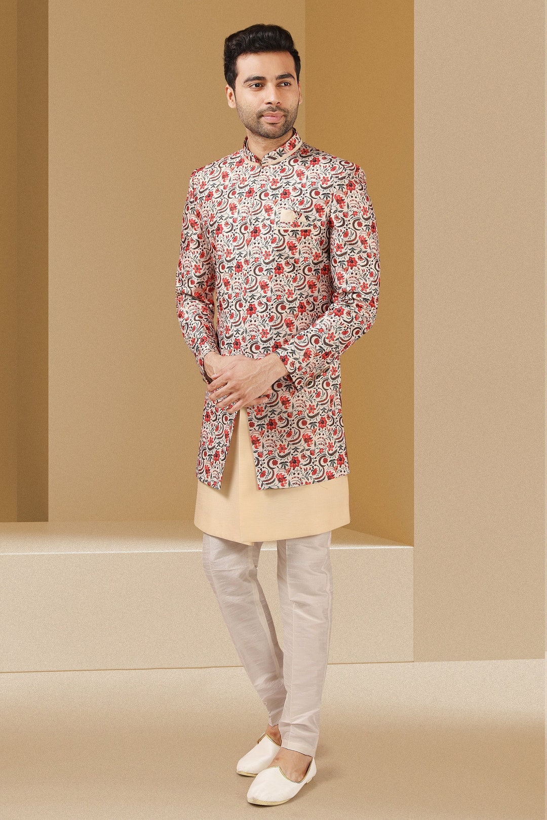 Floral Print Multi Color Groom Jodhpuri Suit 3 Piece Wedding ...