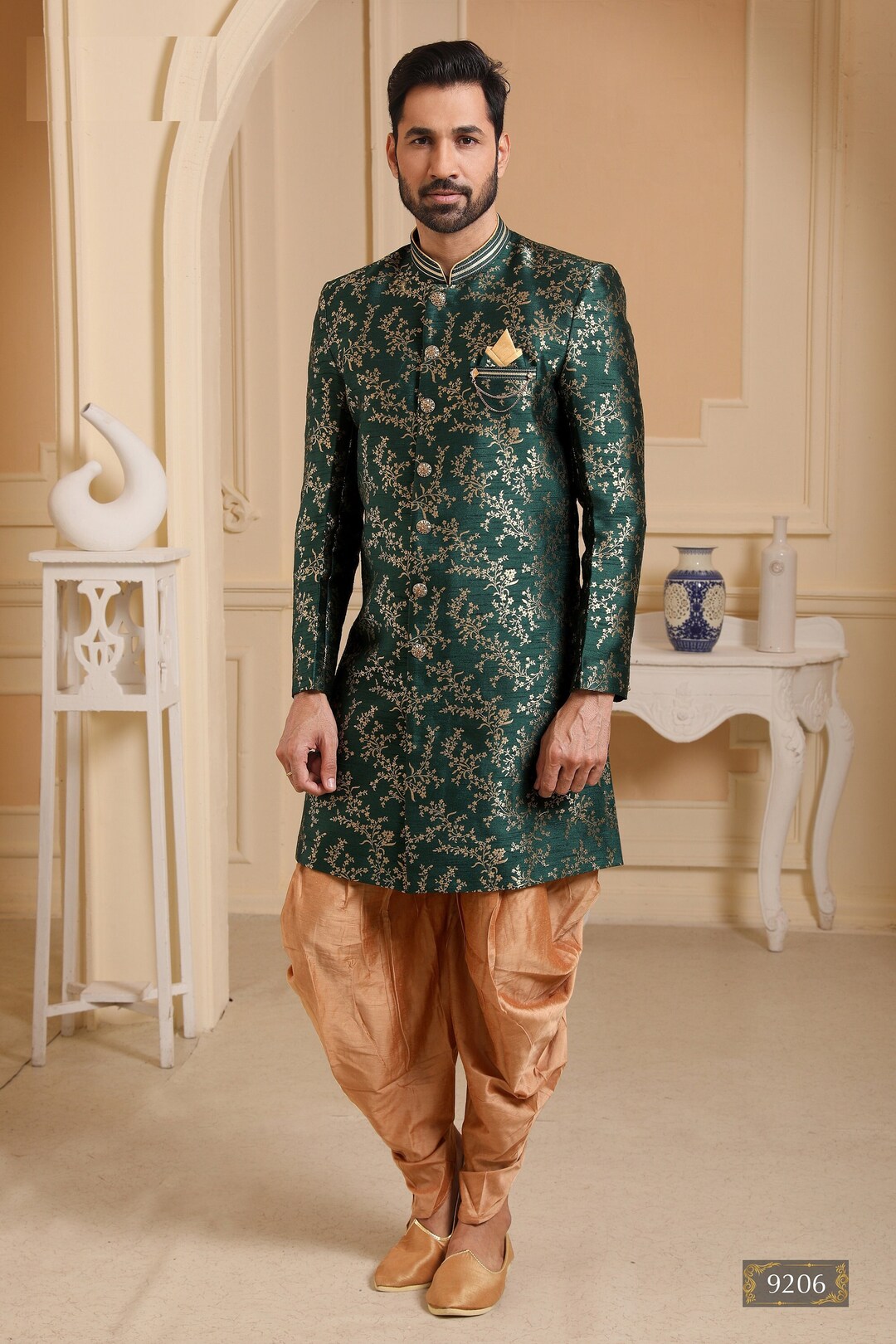 Floral Print Plus Size Green Dhoti Sherwani, Wedding Silk Groom ...