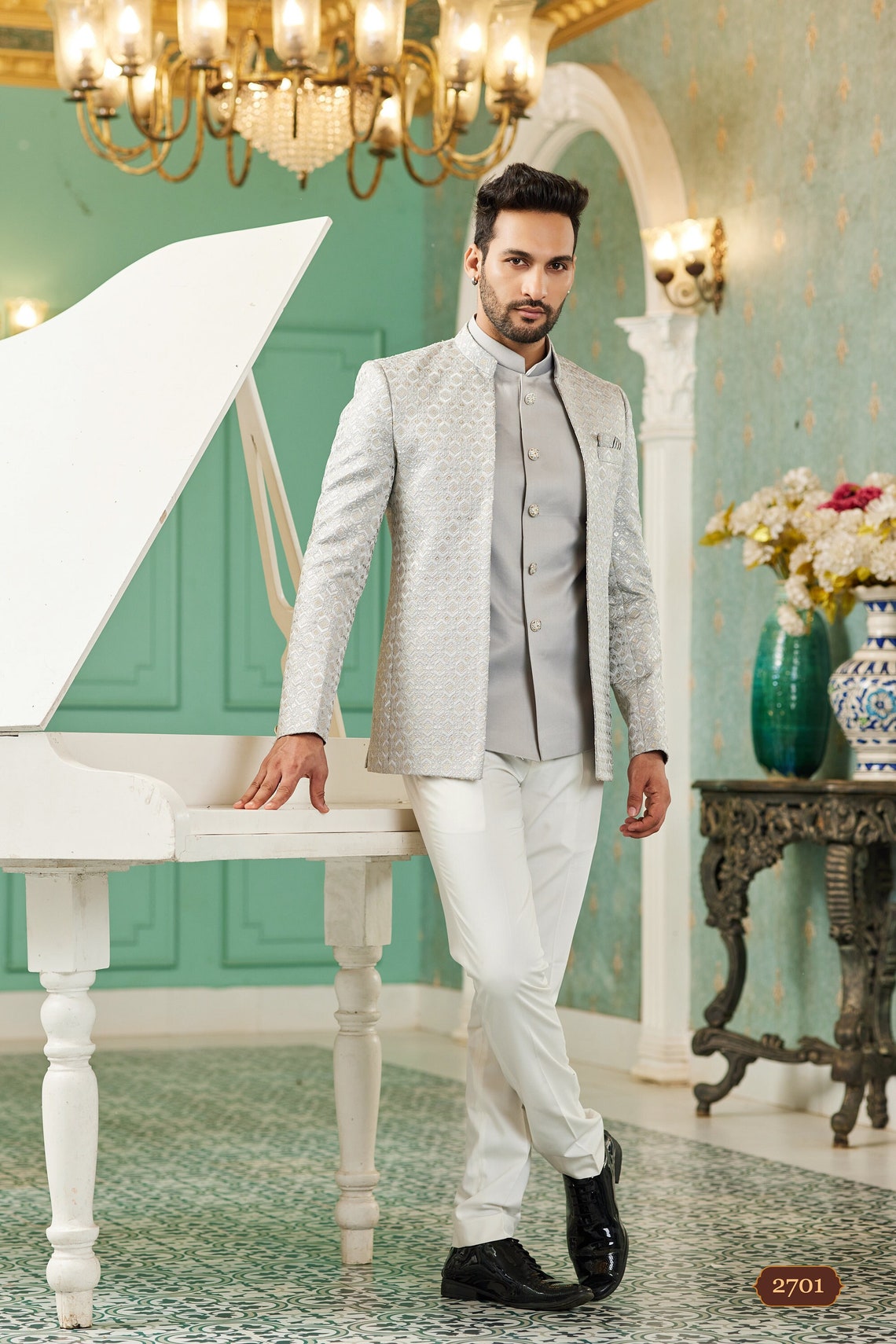 Party Wear Sequence Grey Jodhpuri Suit Indian Wedding Sherwani ...
