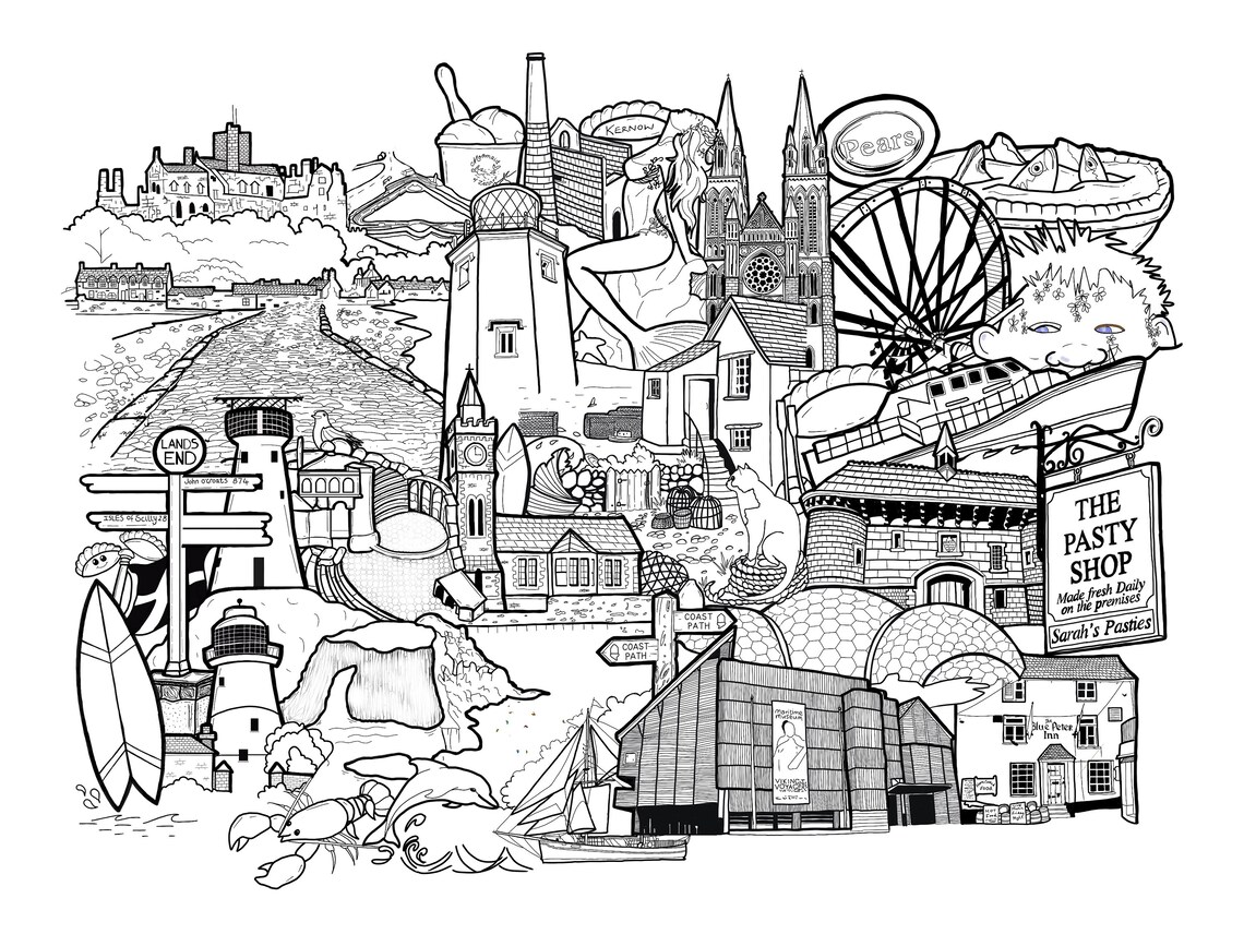 Map of Cornwall Drawing Art Print. Cornwall and Devon UK Gift | Etsy