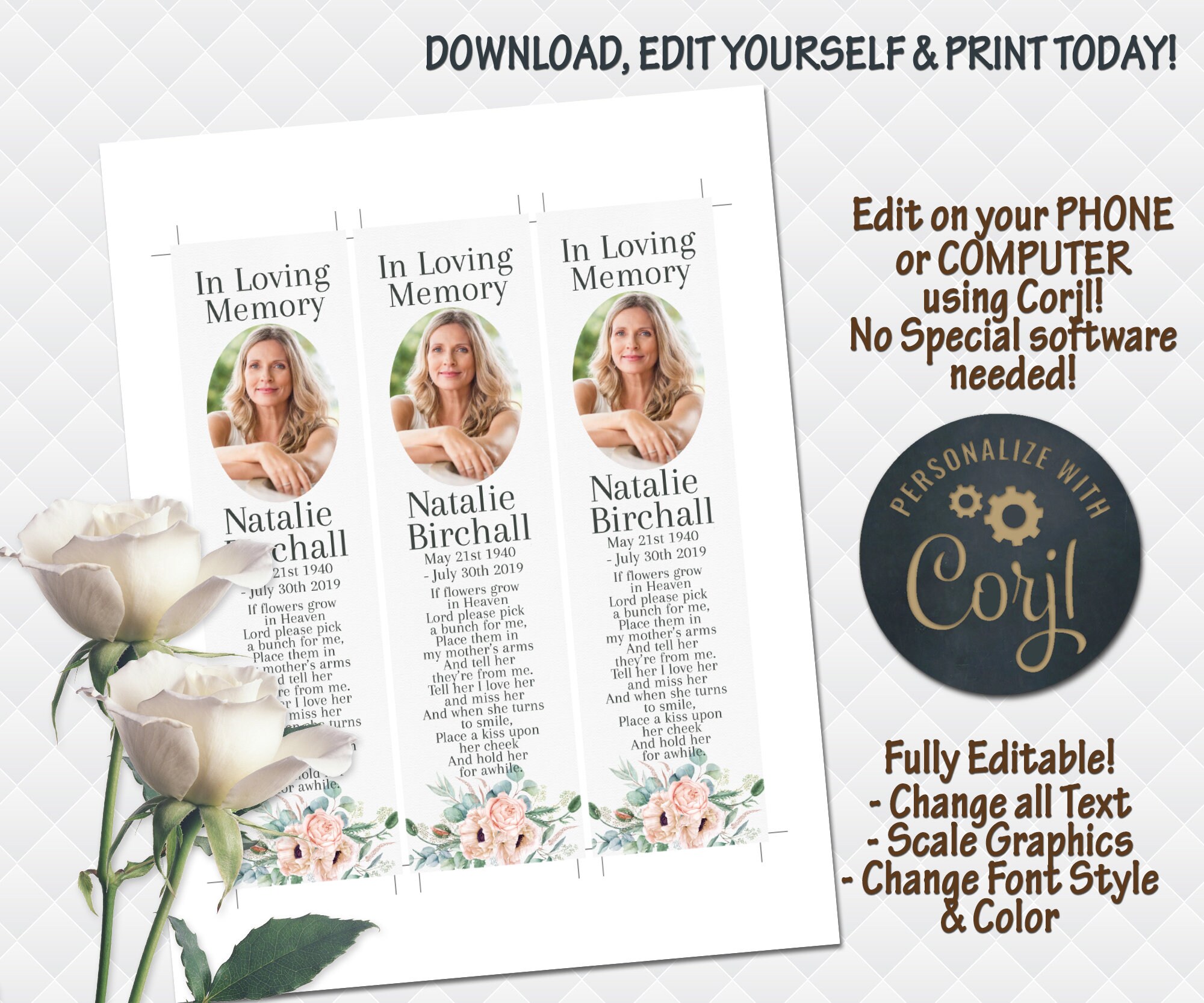 Funeral Bookmark Memorial Service Bookmark Celebration of Life Dusty ...