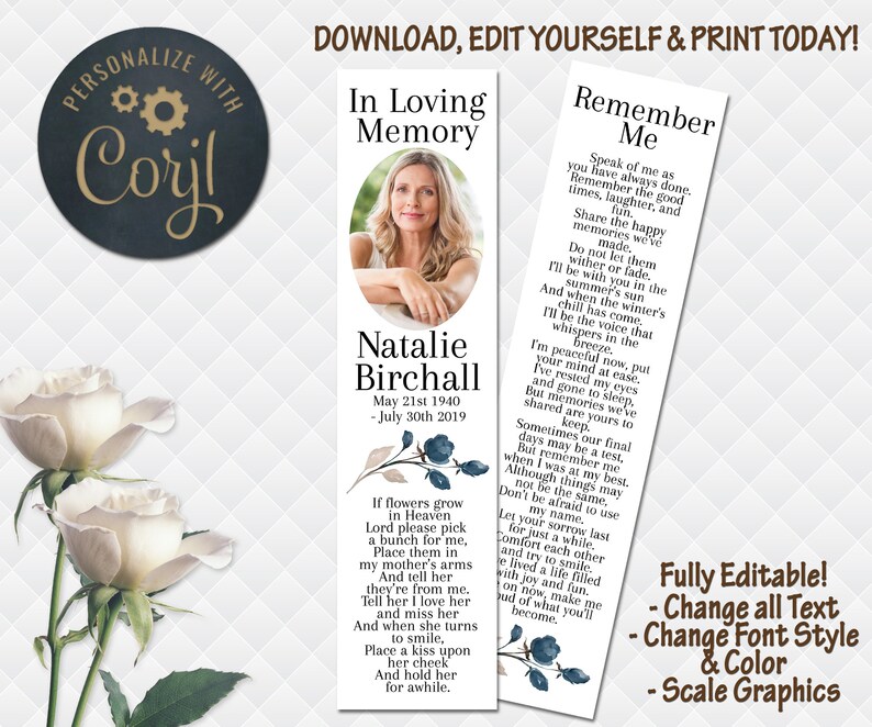 Funeral Bookmark Memorial Service Bookmark Template - Etsy