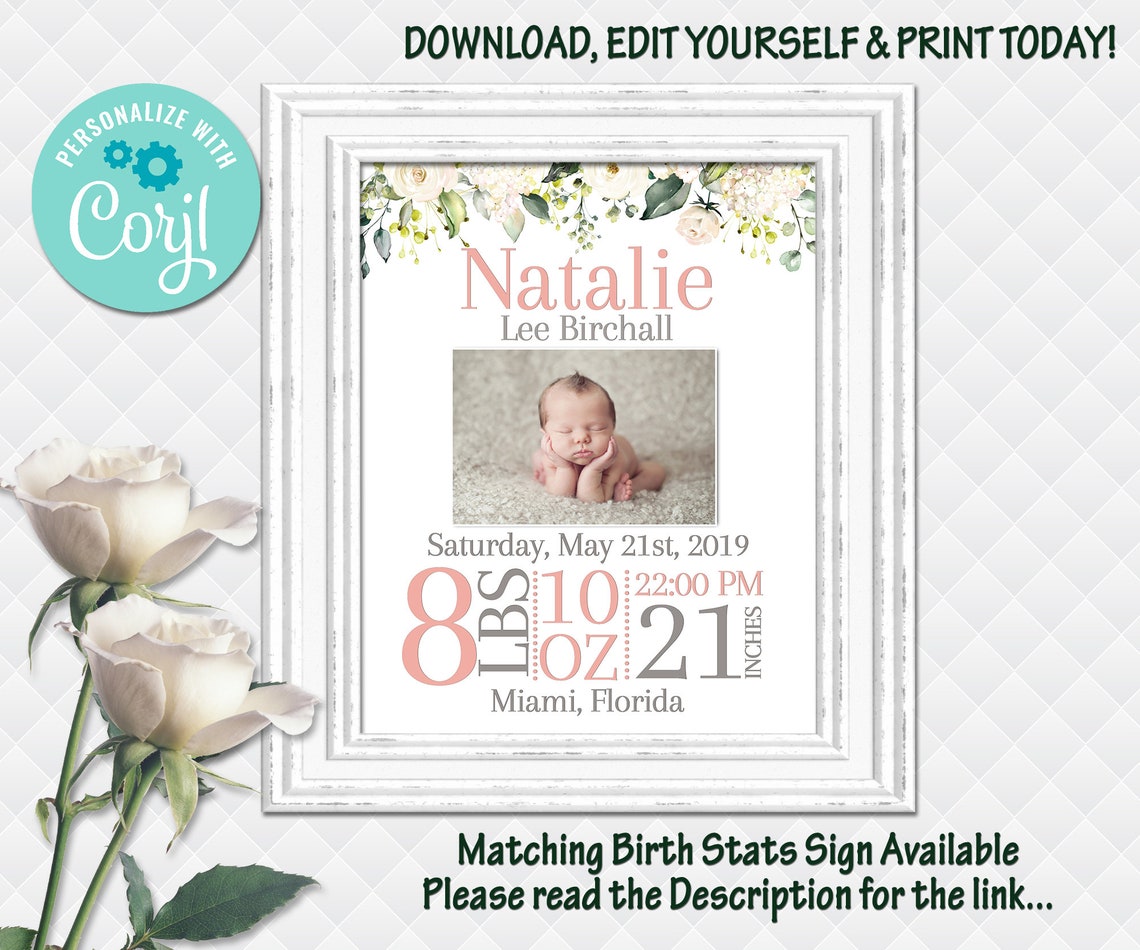Birth Announcement Card With Photo Editable Instant Download - Etsy
