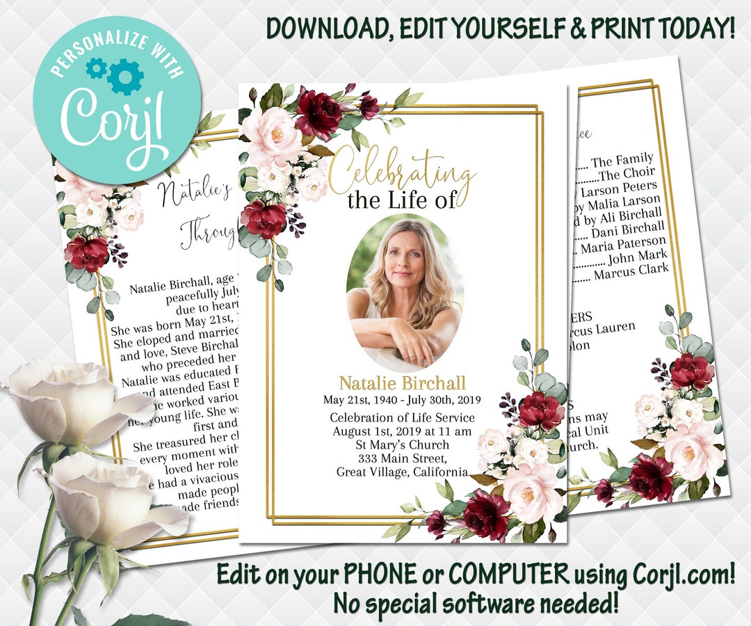 Funeral Program Memorial Service Program Celebration of Life Obituary ...