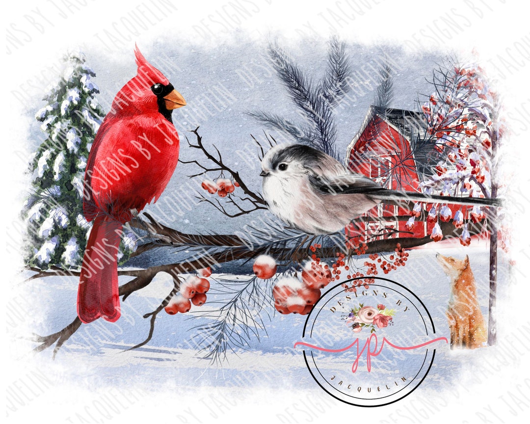Farmhouse Red Cardinal Christmas Scene, Red Barn, Farm, Winter Birds ...