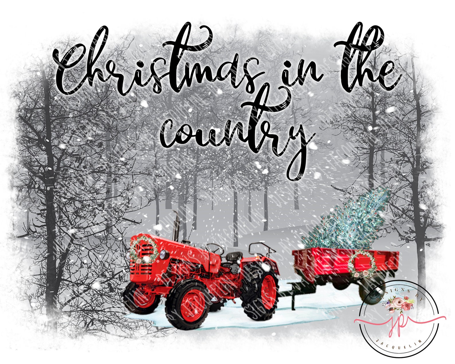 Christmas in the Country, Red Tractor, Realistic Scene Printable Art ...