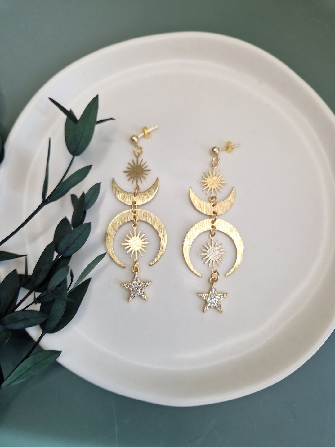 Celestial Earring Dangle Crescent Moon Earring Dangle Gold Moon Phase ...