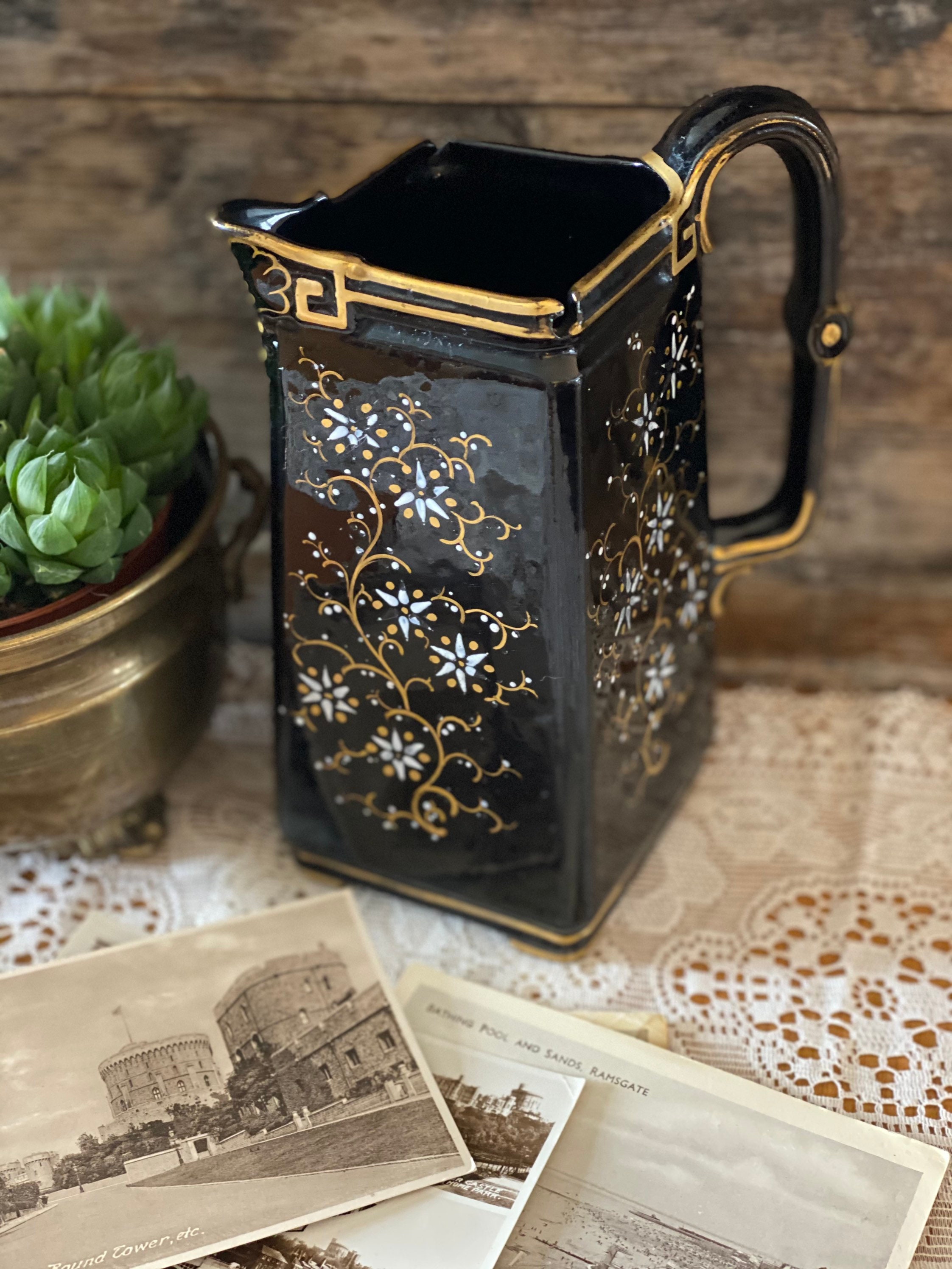 Vintage Black & Gold Jug / Jackfield Style Pottery / Black Gold Vase ...