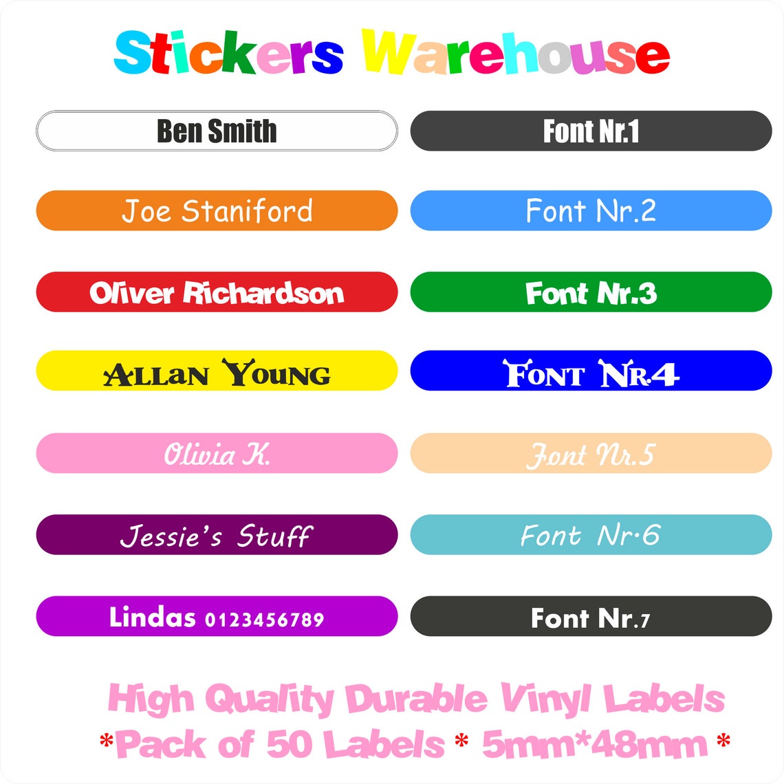 50 Personalised Vinyl Stick on Name Labels Stickers Tags - Etsy