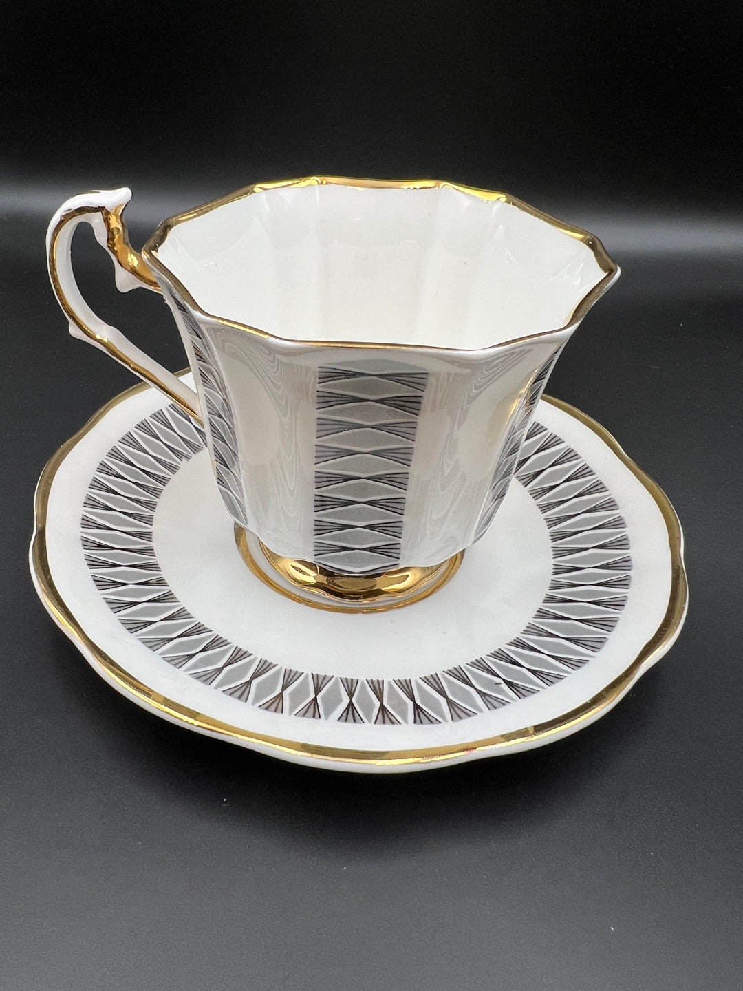 Vintage Clare Bone China Teacup and Saucer, Black Zigzag Design, Made ...