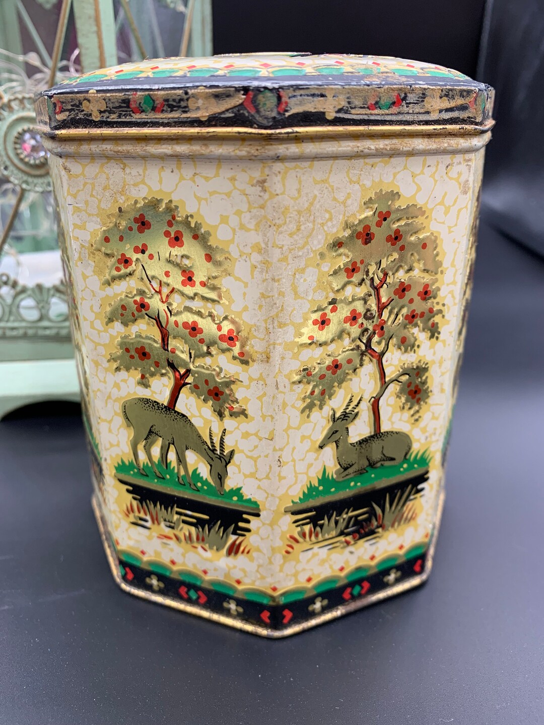 Vintage Peek Freans Octagon Biscuit Tin, Embossed Woodland Gazelle ...