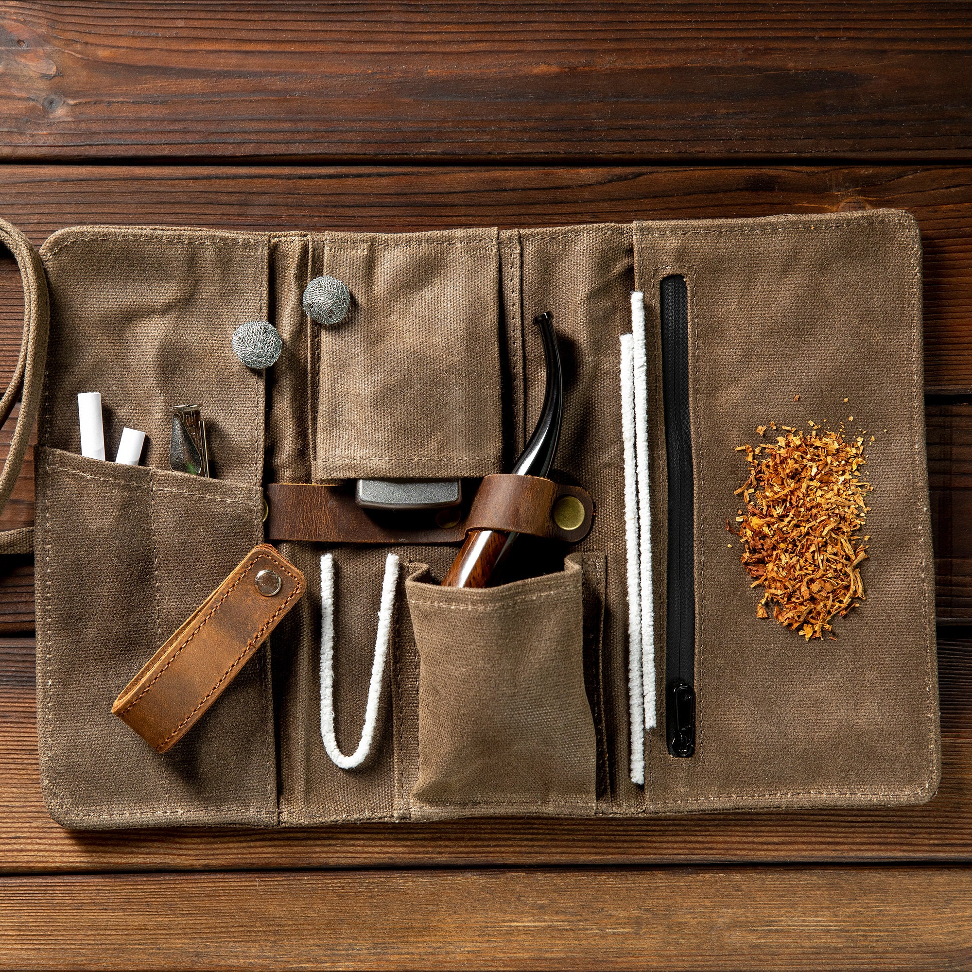 Waxed Canvas Tobacco Smoking Pipe Pouch With Leather Pipe Stand, Travel ...