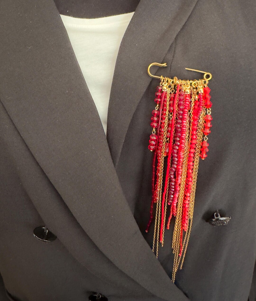 Handmade Red Beaded Dangle Brooch: Boho Bead Fringe Safety Pin - Etsy