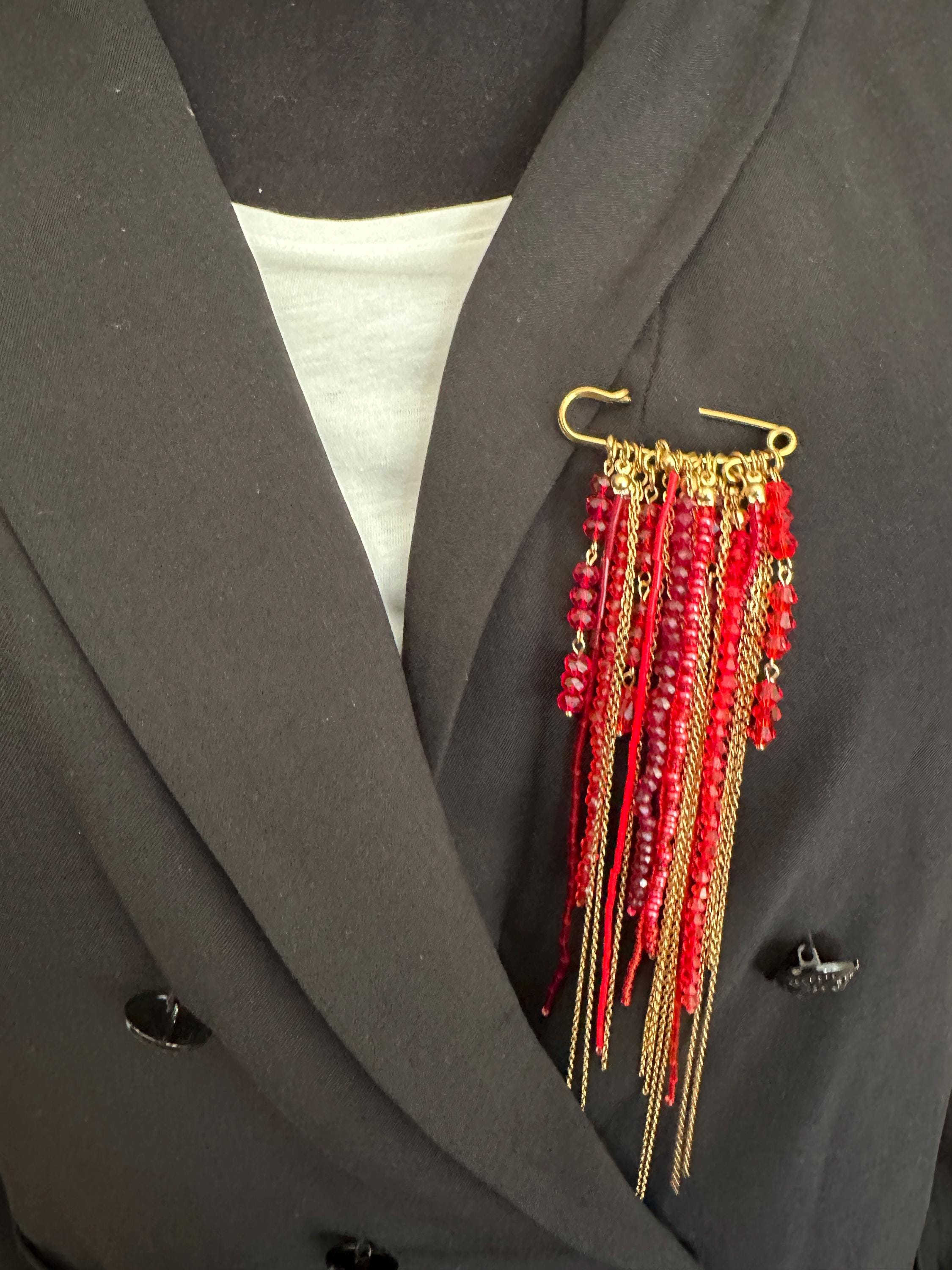 Handmade Red Beaded Dangle Brooch: Boho Bead Fringe Safety Pin - Etsy