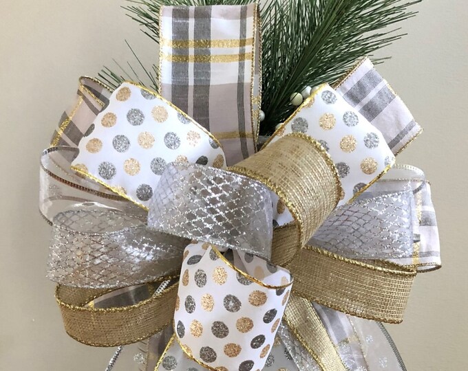 Gold and Silver Christmas Bow, Glittery Holiday Wreath Bow, Elegant ...