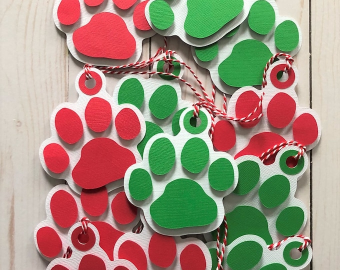 12 Assorted Red and Green Christmas Paw Print Gift Tags, Handmade Paw ...