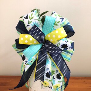Blue Floral Wreath Bow, Spring Home Decor, Navy Blue Spring Bow, Summer ...