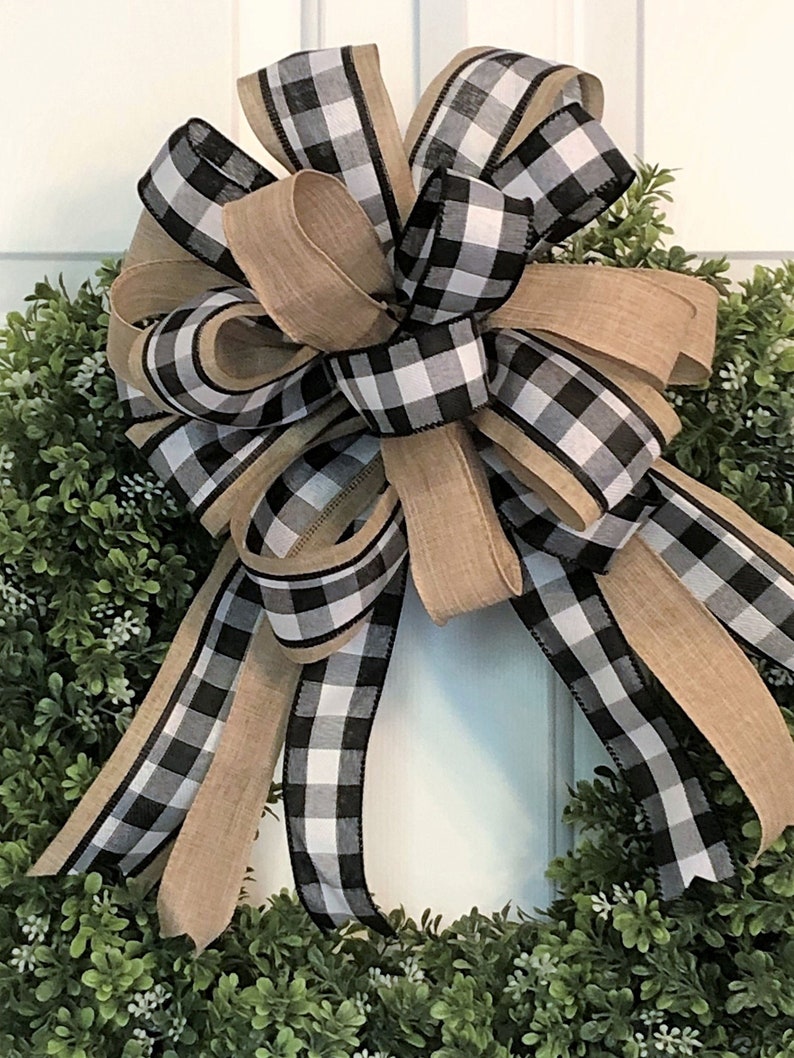 Farmhouse Bow Black And White Buffalo Check Wreath Bow Home Etsy