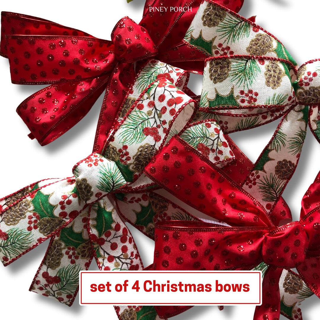 4 Assorted Christmas Bows, Holly and Red Christmas Bow Set, Small ...