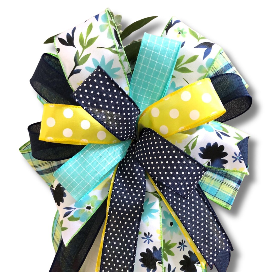 Blue Floral Wreath Bow, Spring Home Decor, Navy Blue Spring Bow, Summer ...