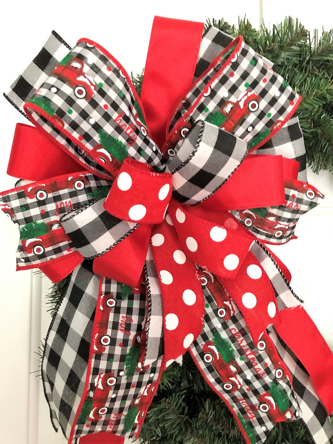 Farmhouse Red Truck Christmas Bow Buffalo Check Wreath Bow - Etsy
