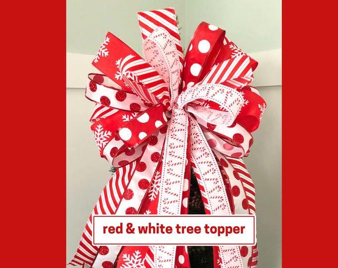 Red and White Candy Cane Christmas Tree Topper Bow, Extra Large Red and ...