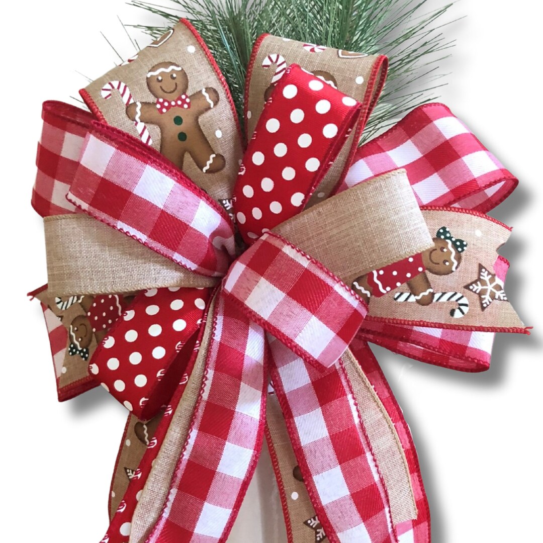 Gingerbread Christmas Bow, Red and White Buffalo Check Christmas Wreath ...