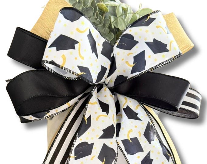 Black and Gold Graduation Bow. Grad Party Decor, Front Door Wreath or ...