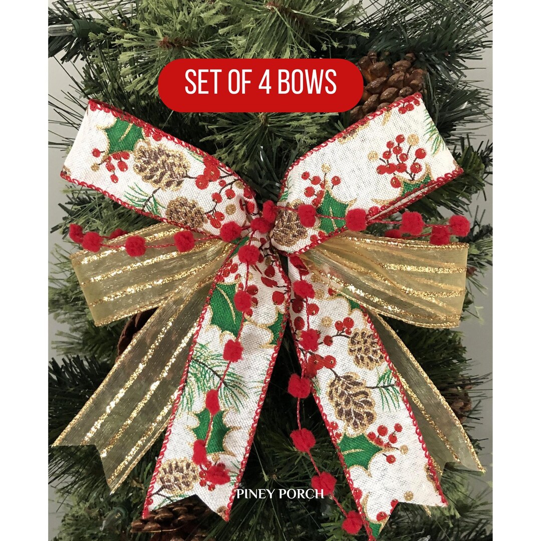4 Red and Gold Christmas Bows, Small Holly Berry Red Christmas Bow Set ...