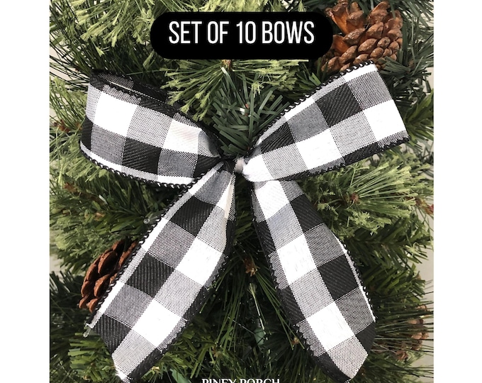 10 Black and White Buffalo Plaid Christmas Tree Bows, Farmhouse ...
