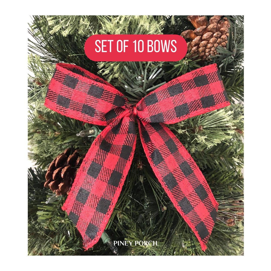 10 Red and Black Gingham Christmas Tree Bows, Farmhouse Decor, Bows for ...