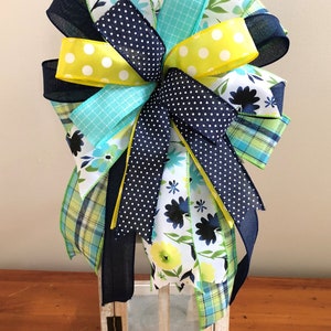 Blue Floral Wreath Bow, Spring Home Decor, Navy Blue Spring Bow, Summer ...