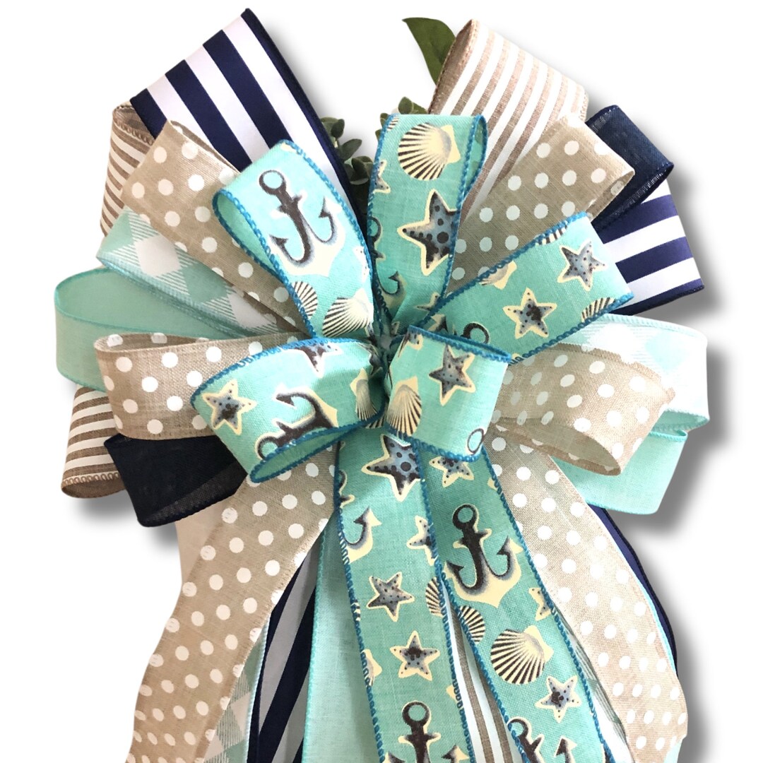 Aqua Nautical Wreath Bow, Beach House Decor, Aqua Summer Lantern Bow ...