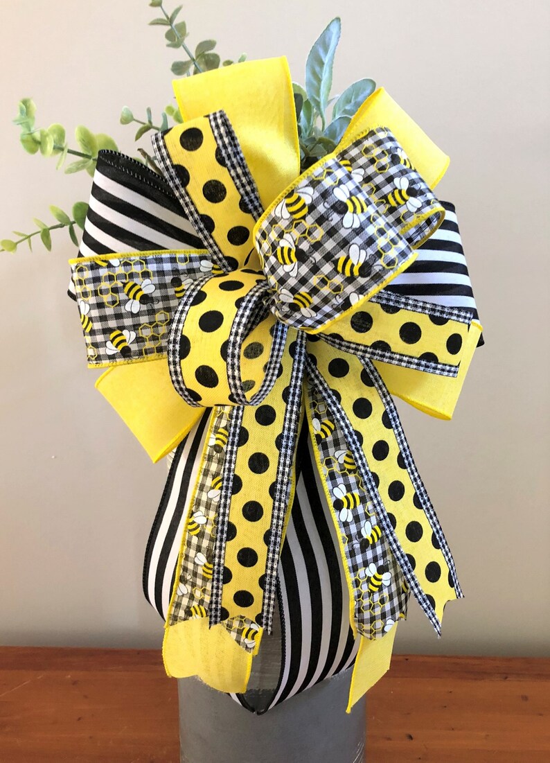 Bumble Bee Wreath Bow, Black Yellow Bee Decor, Spring Summer Front ...
