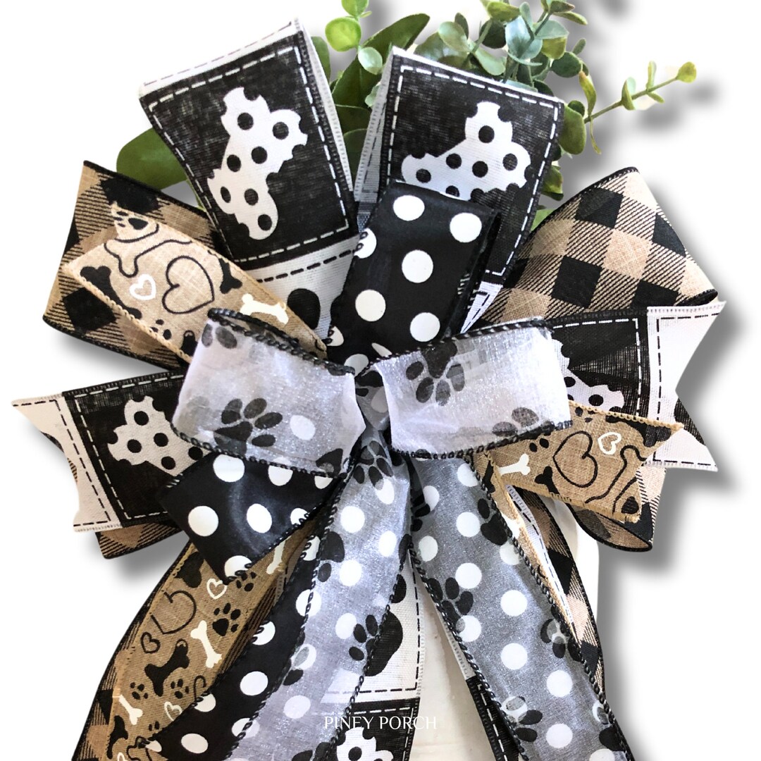 Black and Neutral Paw Print Bow, Dog Wreath Bow, Lantern Bow, Pet Decor ...