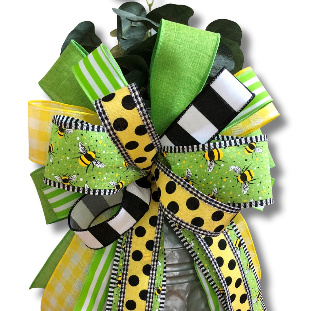 Bee Wreath Bow, Lime Green Bumble Bee Decor, Bee Lantern Bow, Summer ...