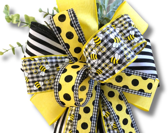Bee Wreath Bow, Bumble Bee Decor, Bee Lantern Bow, Summer Home Decor ...