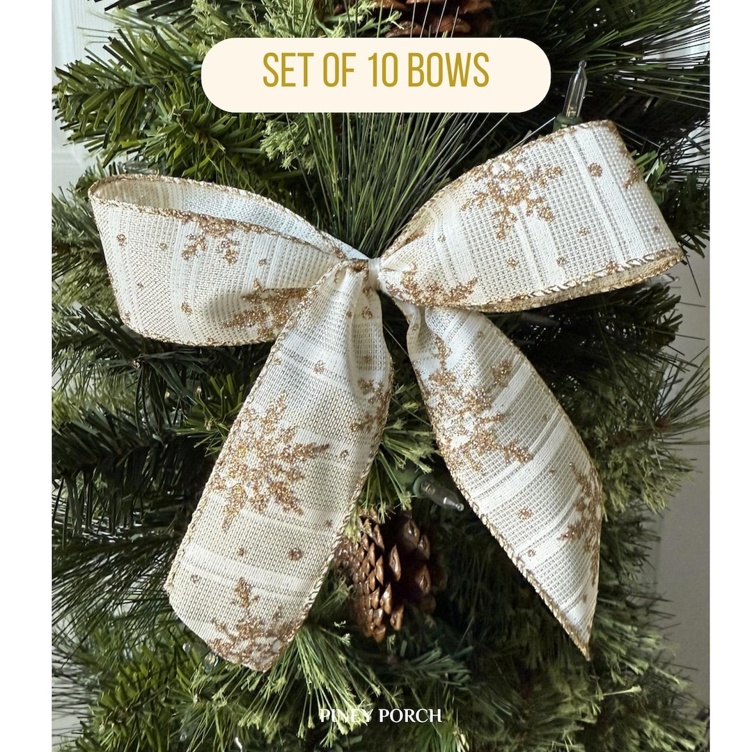 10 Ivory Gold Snowflake Christmas Tree Bows, Elegant Holiday Tree Bows ...